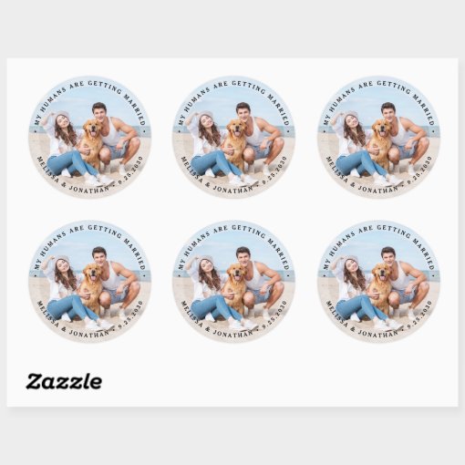 Modern Custom Engagement Pet Wedding Dog Photo Classic Round Sticker ...