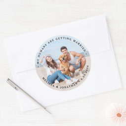 Modern Custom Engagement Pet Wedding Dog Photo Classic Round Sticker ...