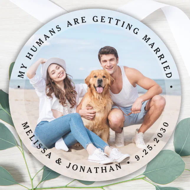Modern Custom Engagement Pet Wedding Dog Photo Classic Round Sticker ...
