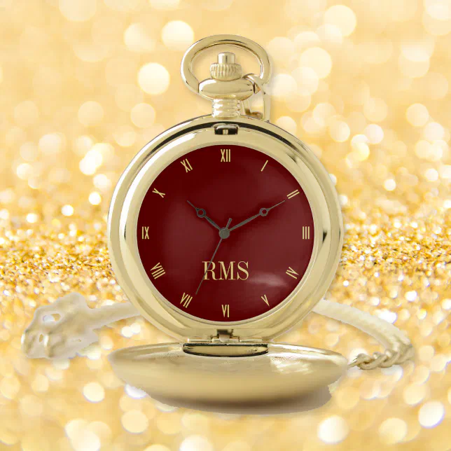 Modern Custom Monogrammed Elegant Classic Red Gold Pocket Watch | Zazzle