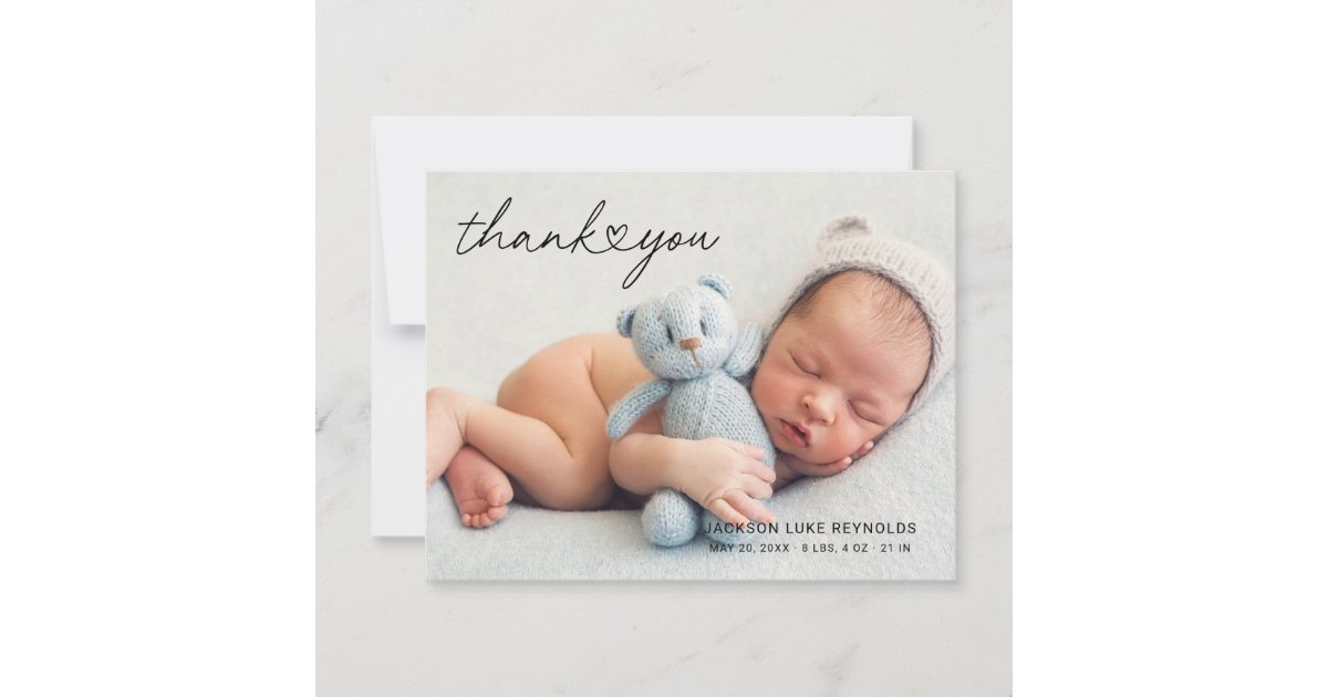 Modern Custom Newborn Baby Photo Heart Script Thank You Card | Zazzle