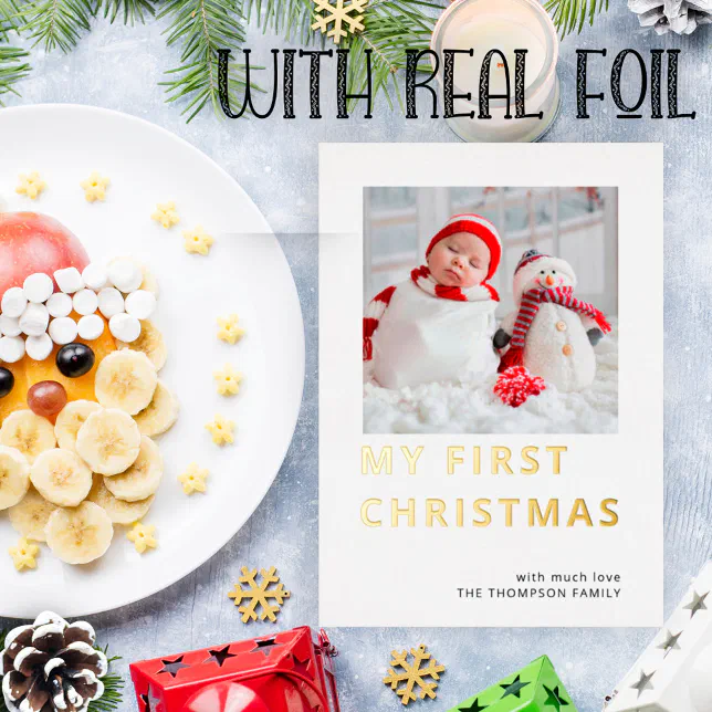 Modern Custom Photo My First Christmas Foil Holiday Card | Zazzle