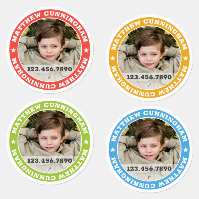 Modern Custom Photo Name Phone Number Kids' Labels | Zazzle