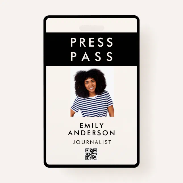 Modern Custom Press Pass Photo ID Logo QR Code Badge | Zazzle
