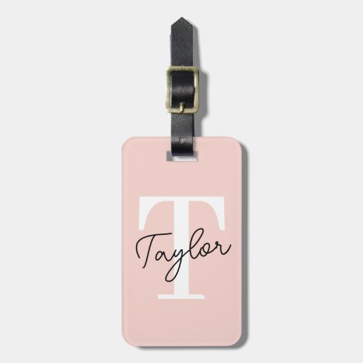 Modern Cute Blush Pink Monogram Name Girly Script Luggage Tag | Zazzle