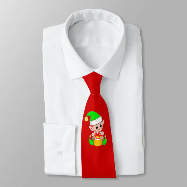 Modern Cute Christmas Elf on Red Neck Tie | Zazzle