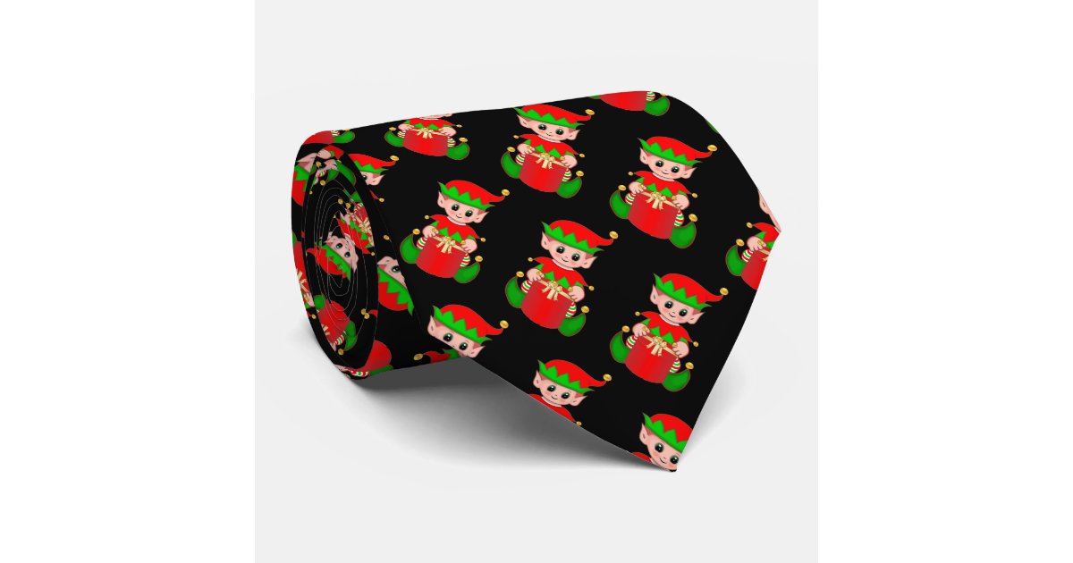 Modern Cute Christmas Elf Pattern on Black Neck Tie | Zazzle
