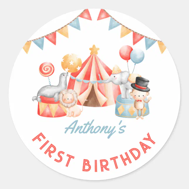 Modern Cute Circus Carnival Fiesta First Birthday Classic Round Sticker ...