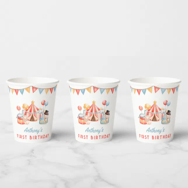 Modern Cute Circus Carnival Fiesta First Birthday Paper Cups | Zazzle