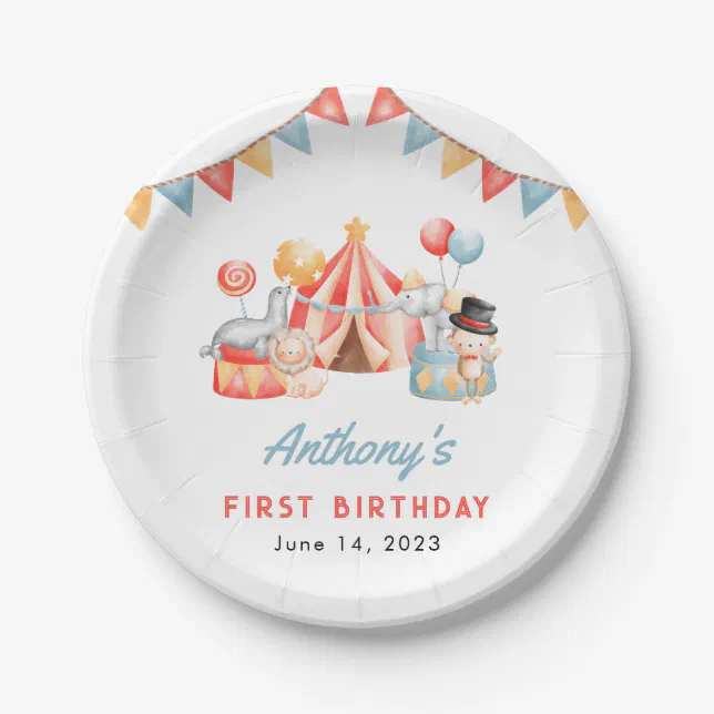 Modern Cute Circus Carnival Fiesta First Birthday Paper Plates | Zazzle
