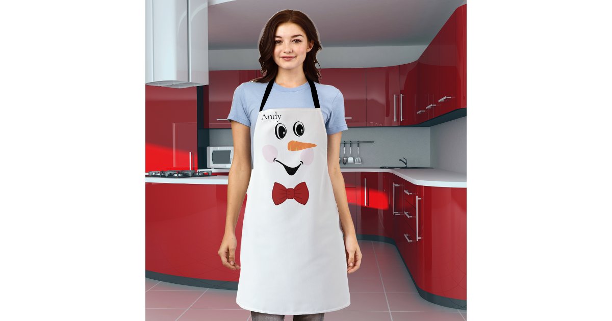 Modern Cute Custom Snowman face apron bow tie red | Zazzle