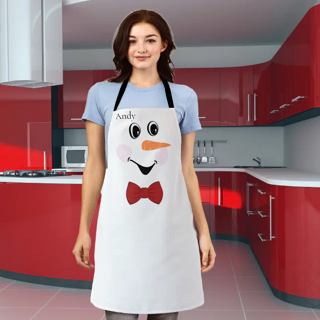 Modern Cute Custom Snowman face apron bow tie red | Zazzle