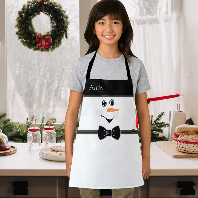 Modern Cute Custom Snowman face Black Bow Tie Apron | Zazzle