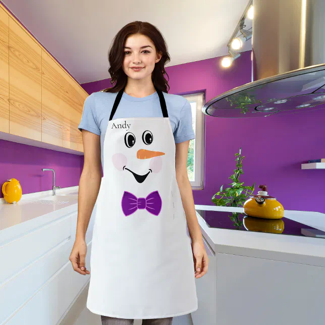 Modern Cute Custom Snowman Face Purple Bowtie Apron | Zazzle
