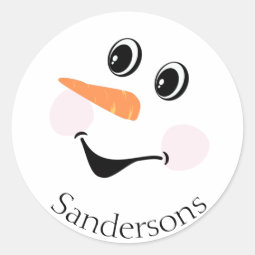 Modern Cute Custom Snowman face Winter Party Classic Round Sticker | Zazzle
