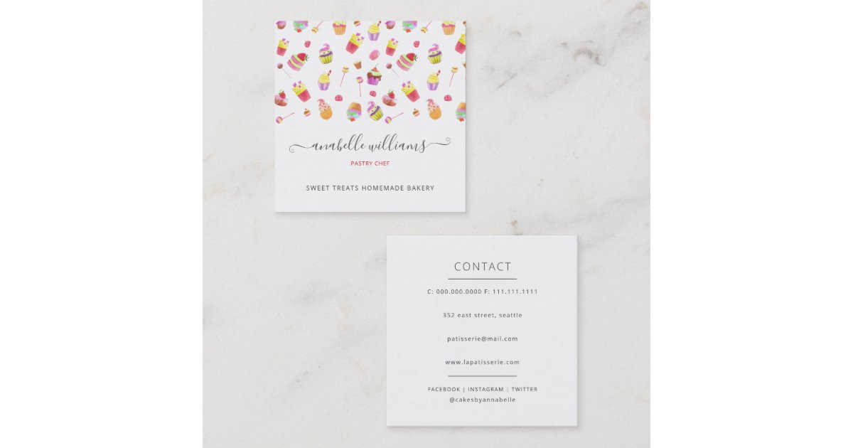 Modern Cute Desserts Cakes Bakery Pastry Chef Square Business Card | Zazzle