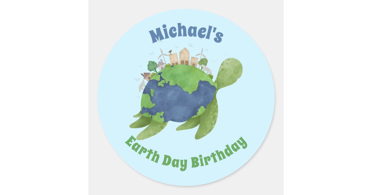 Modern Cute Earth Day Sea Turtle Birthday Party Classic Round Sticker ...