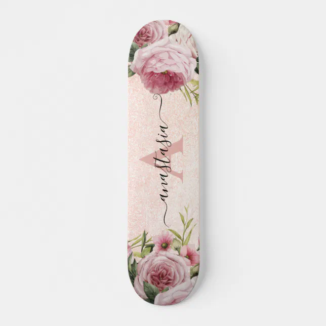 Modern cute girly Pink Glitter Rose Gold floral Skateboard | Zazzle