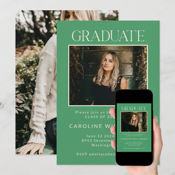 Modern Cute Kelly Green Two Photo Graduation Party Invitation | Zazzle