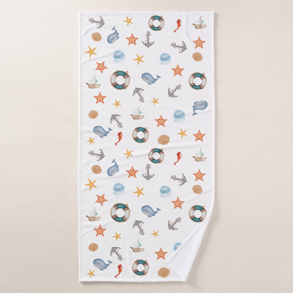Modern cute kids navy ocean star fish white blue b bath towel set