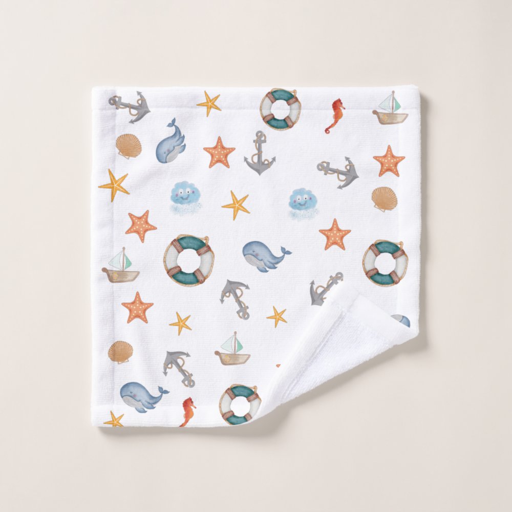 Modern cute kids navy ocean star fish white blue b bath towel set