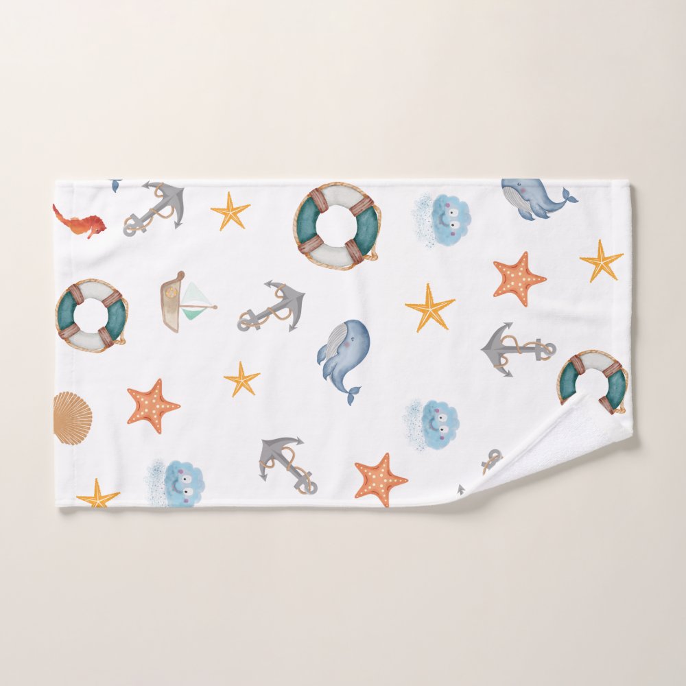 Modern cute kids navy ocean star fish white blue b bath towel set