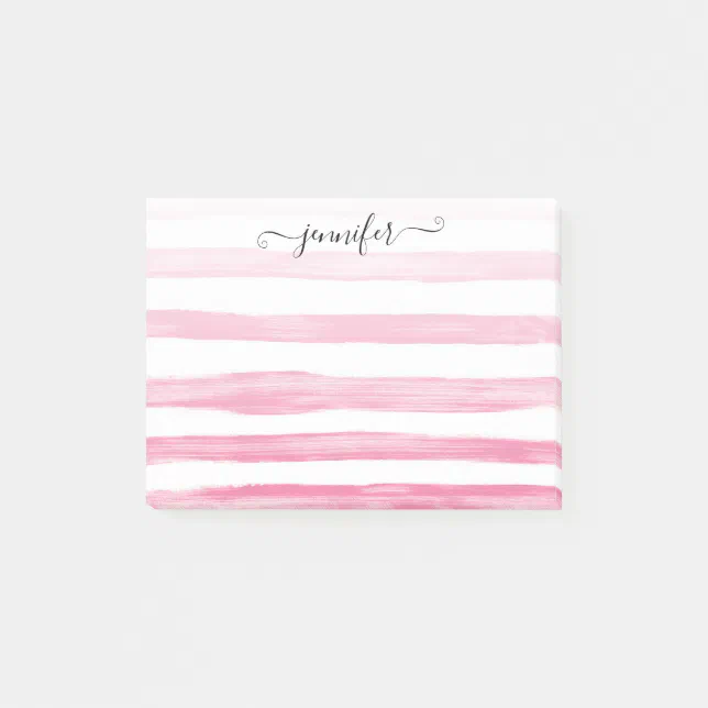 Modern Cute Pink Watercolor Stripes Girly Script Post-it Notes | Zazzle