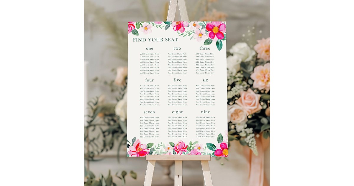 Modern Cute Pink Yellow Floral Seating Chart Sign | Zazzle