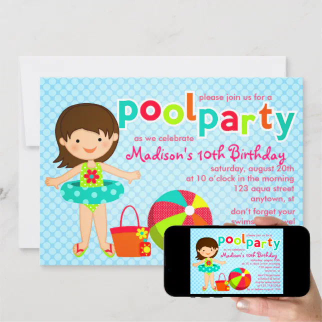 Modern Cute Pool Party Girls Birthday Invitation | Zazzle