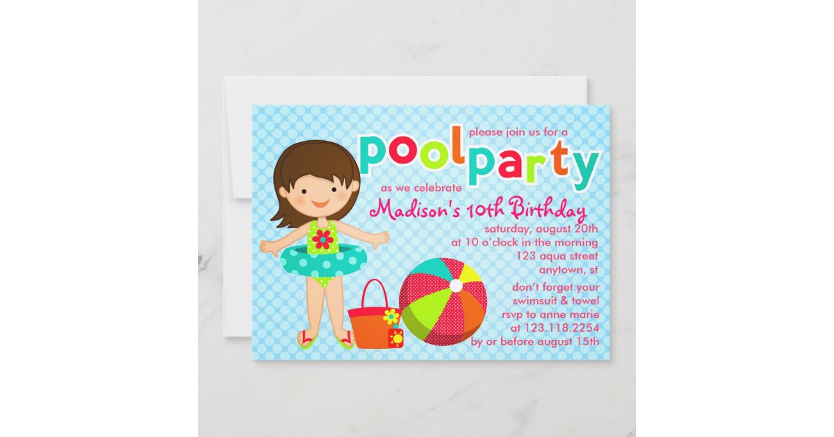 Modern Cute Pool Party Girls Birthday Invitation | Zazzle