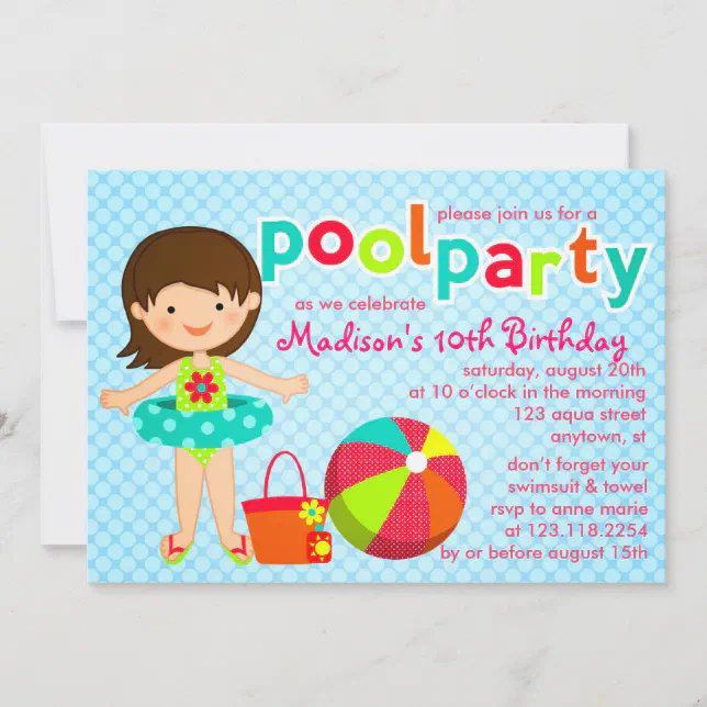 Modern Cute Pool Party Girls Birthday Invitation | Zazzle