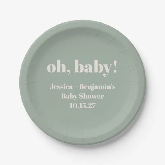 Modern Cute Sage Green Baby Shower Custom Name Paper Plates | Zazzle
