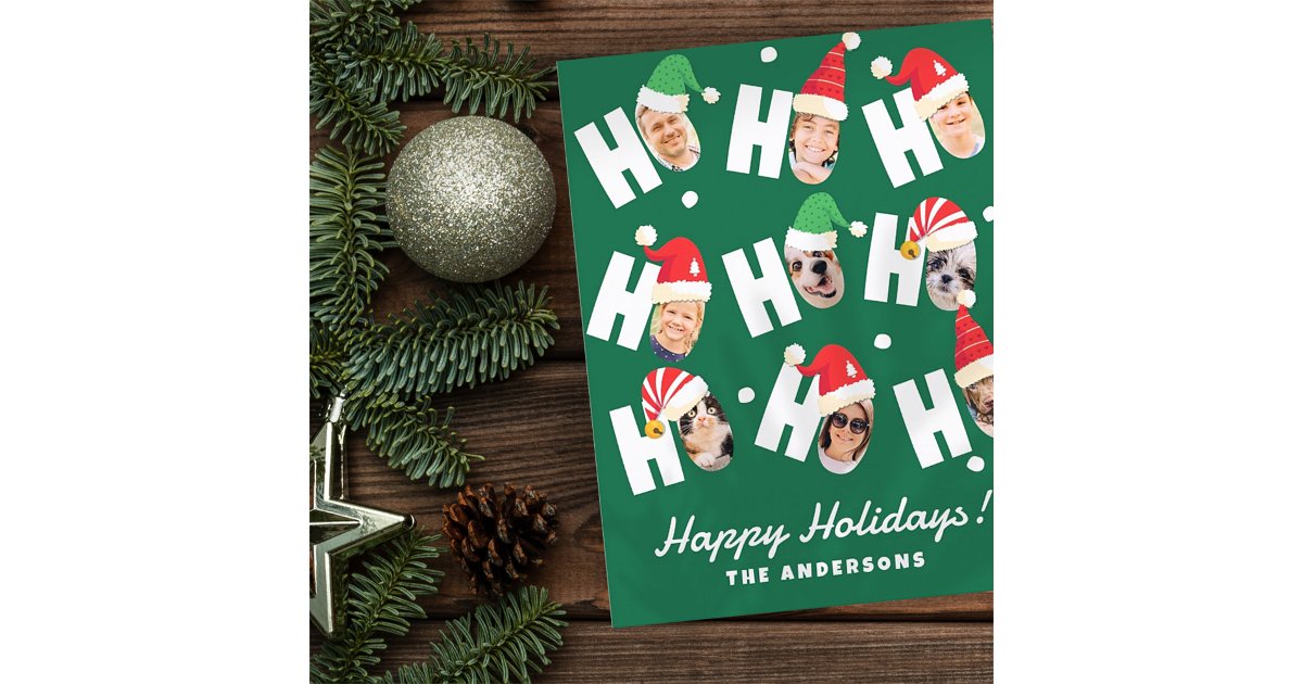 Modern Cute Santa Hats Nine Family Photos Holiday Postcard | Zazzle
