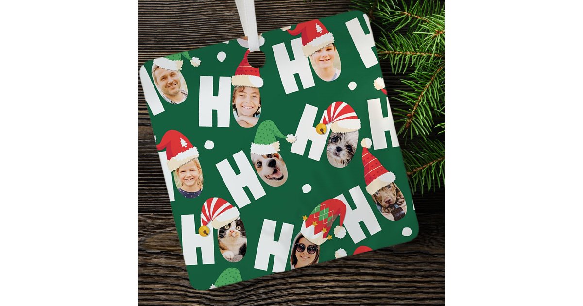 Modern Cute Santa Hats Nine Family Photos Metal Ornament | Zazzle