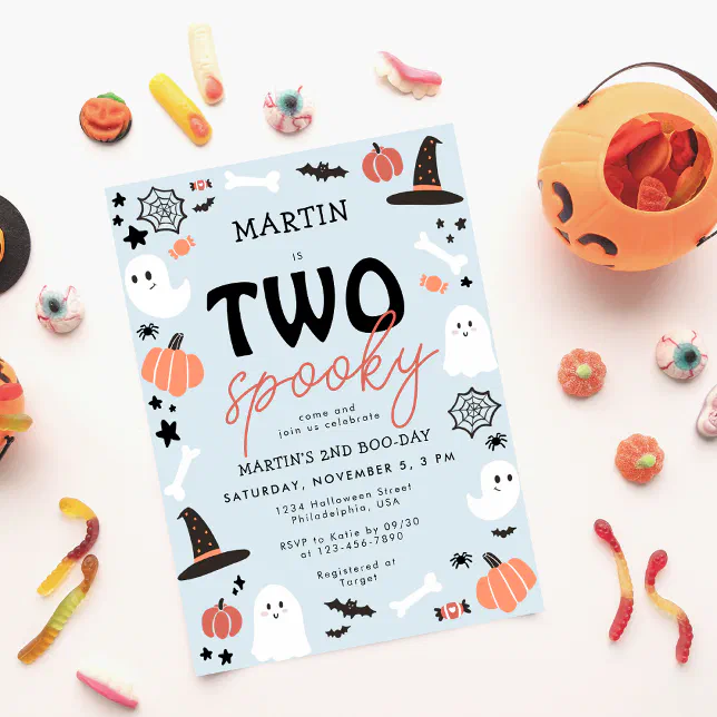 Modern Cute Two Spooky Halloween Boy 2nd Birthday Invitation | Zazzle