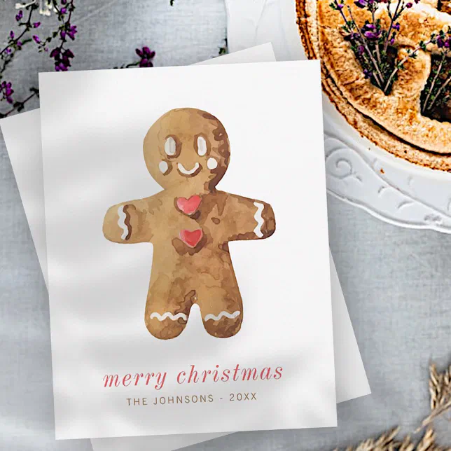 Modern Cute Watercolor Gingerbread Man Holiday Card | Zazzle