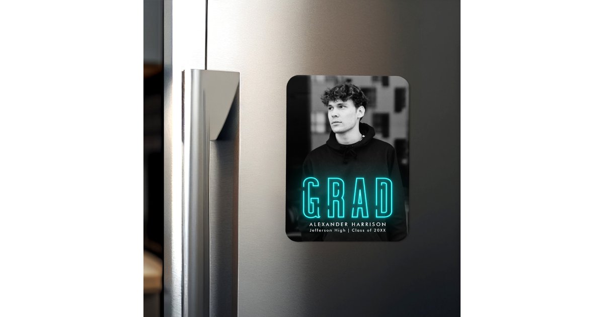 Modern Cyan Neon Vertical Photo Graduation Magnet | Zazzle