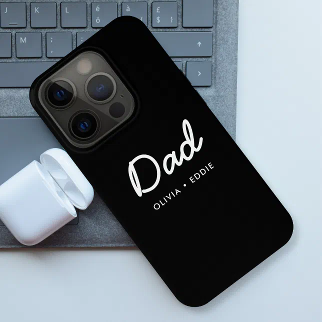 Modern Dad | Kids Names Father's Day Script Black iPhone Case | Zazzle