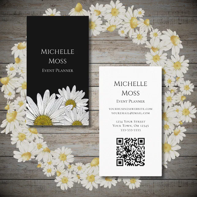 Modern Daisies Botanical QR code Trendy Black Business Card | Zazzle