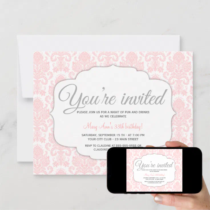 Modern Damask Pink Party Invitation | Zazzle