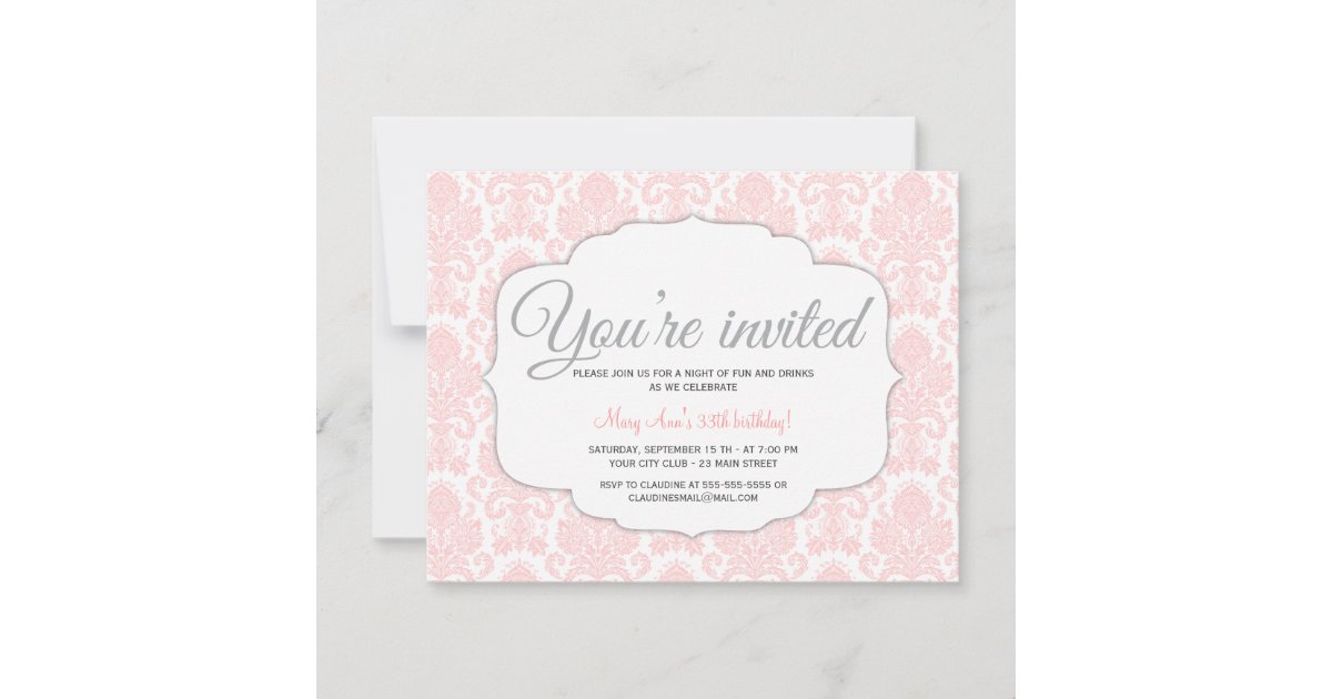 Modern Damask Pink Party Invitation | Zazzle
