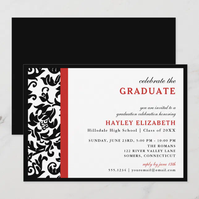 Modern Damask Red Border Graduation Invitation | Zazzle
