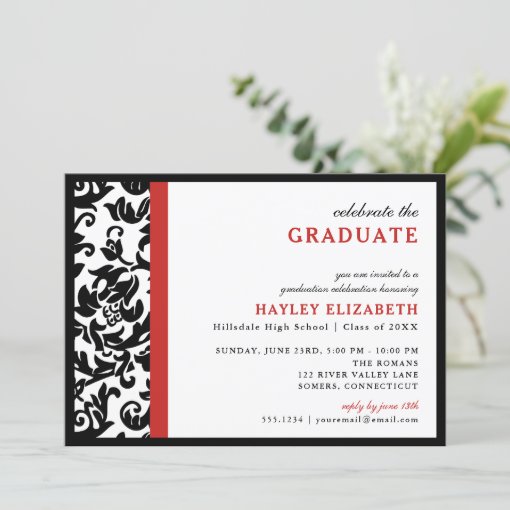 Modern Damask Red Border Graduation Invitation | Zazzle
