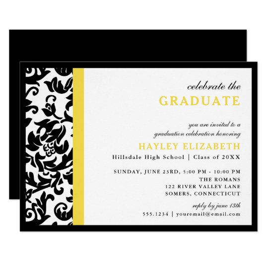 Modern Damask Yellow Border Graduation Invitation | Zazzle.com