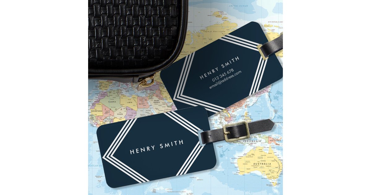 Modern Dark Blue and White Borders Geometric Luggage Tag | Zazzle