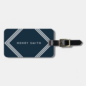 Modern Dark Blue and White Borders Geometric Luggage Tag | Zazzle