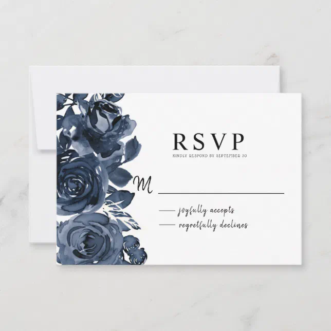 Modern Dark Blue Ink Floral Bouquet RSVP | Zazzle