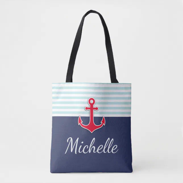 Modern Dark Blue Nautical Design Red Anchor Tote Bag | Zazzle