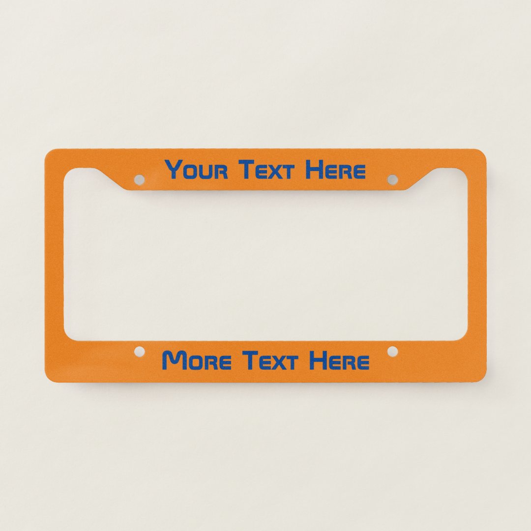 Modern Dark Blue Text on Orange License Plate Frame | Zazzle