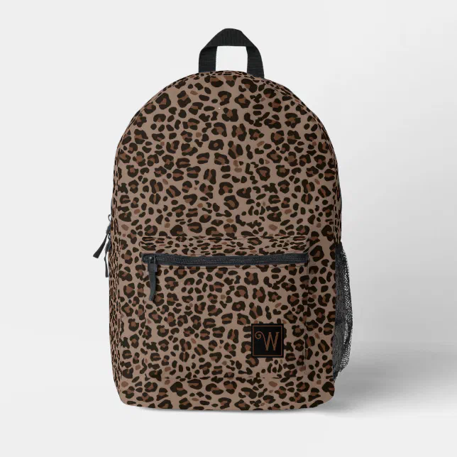 Modern Dark Brown Animal Leopard Skin Monogram Printed Backpack | Zazzle